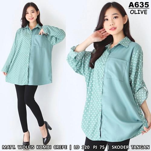 Jual Kemeja Wanita Jumbo Skoder Tangan Wolfis Crepe Big Size - Olive ...