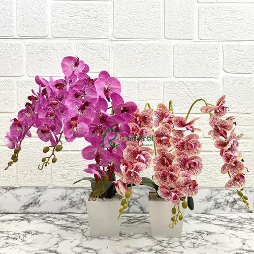 Jual Bunga Hias Anggrek Bulan X3 Tangkai Juntai Latex Vas Kayu ...