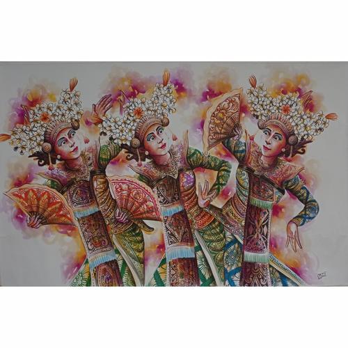 Jual Lukisan penari legong triple Lukisan tari bali tradisi warna indah ...