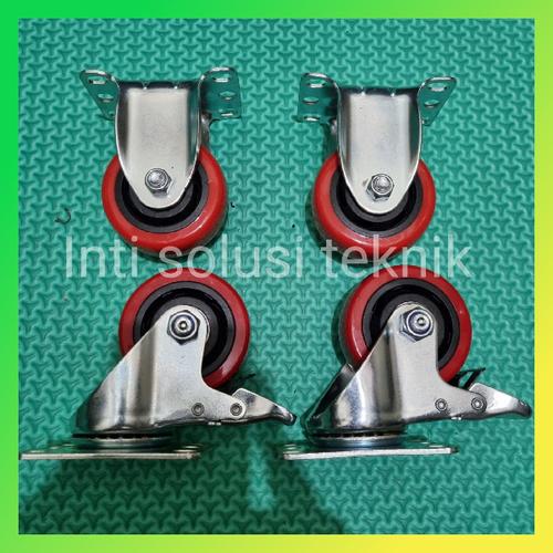 Jual roda troli / trolley PU 3 inch SET ( 2 PUTAR+REM, 2 MATI ...