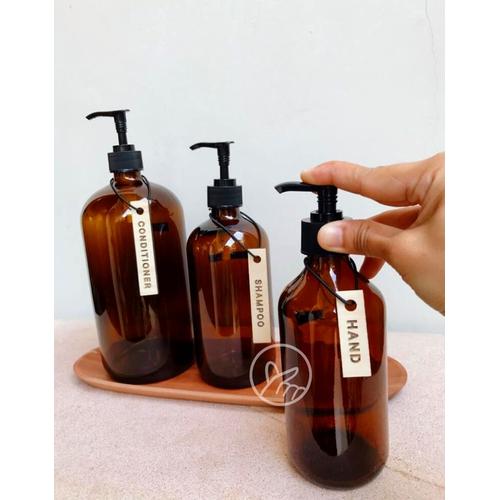 Jual Custom Label Sticker - Reusable Glass Amber Pump Bottle 300ml ...