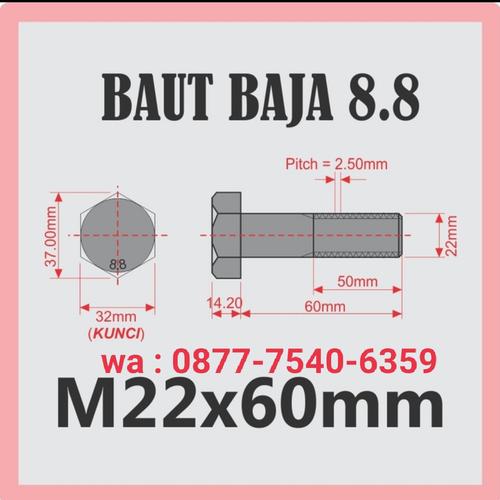 Jual baut mur baja 8.8 HT hitam M22 x 60 MM kunci 32 / hex bolt nut murah - Jakarta Pusat - ba ...