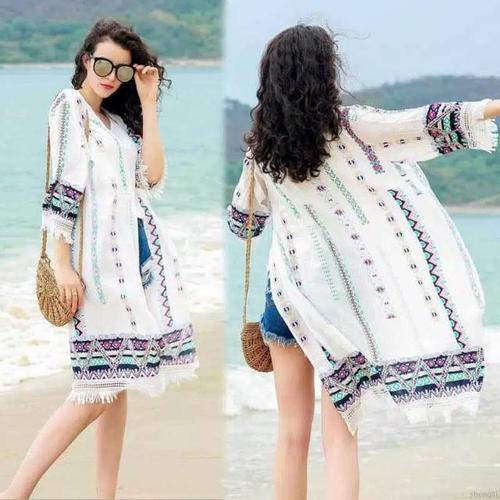 Jual Outer Bohemian Boho Long Casual Beach Look Flowy Cardi NML - Hitam ...