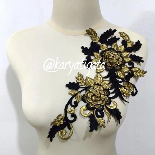 Jual Renda Aplikasi Tabur Bordir Bunga 2 Warna (Kombinasi Emas) - Hitam ...