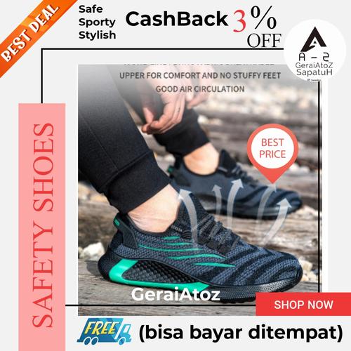 Jual Sepatu Safety shoes sneakers pria bersilkulasi ujung besi ringan - hitam lis hijau, 43 ...