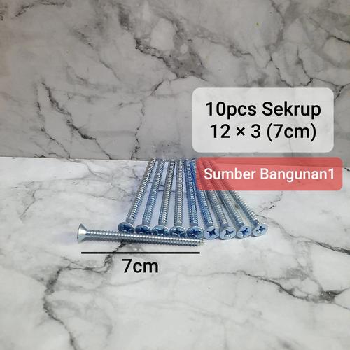 Jual Sekrup FH 12 x 3 putih 7cm (10pcs) skrup kepala rata tapping screw ...