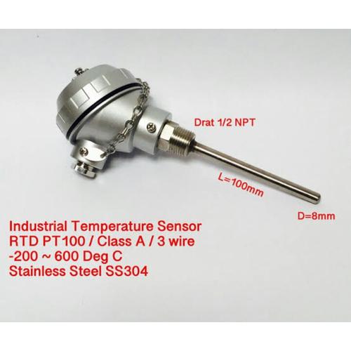 Jual Sensor Suhu RTD PT100 Ohm Dia 8 mm L 300 mm Drat 1/2" NPT SS304 ...