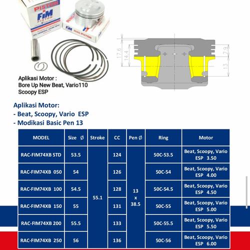 Jual PISTON KIT FIM 74XB SCOOPY BEAT ESP BORE UP PIN 13 UKURAN 53 54 55 ...