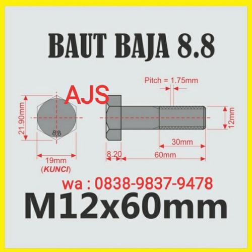 Jual baut mur baja 8.8 FT hitam M12 x 60MM kunci 19 / baut baja hitam ...