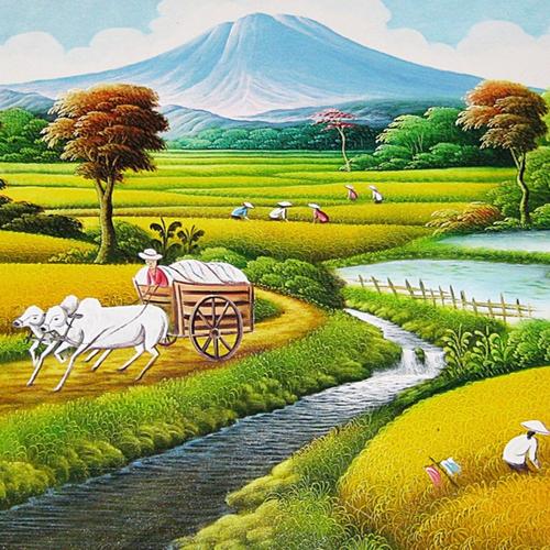 Jual Lukisan Panen Raya Dengan Gerobak Sapi dan Padi Terasering - Kota ...