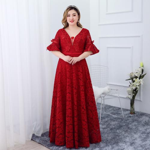 Jual Gaun Pesta 2108030 Big Size Merah Maroon Siku V Neck Party Dress ...