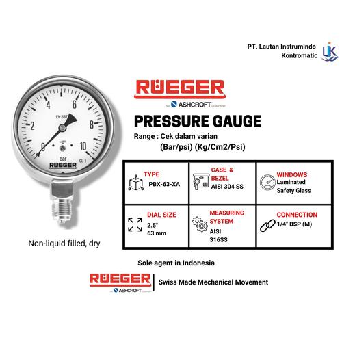 Jual PRESSURE GAUGE RUEGER, SIZE 2.5" (PBX63XA), 1/4" BSP-M, NON-LIQUID ...