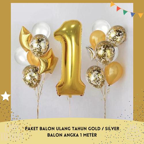 Jual PAKET BALON ULANG TAHUN GOLD / SILVER BALON ANGKA 1 METER - add 2 ...