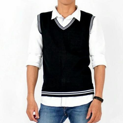Jual Rompi Rajut Pria Wanita Dewasa V Neck Hitam List Putih - Hitam, L ...
