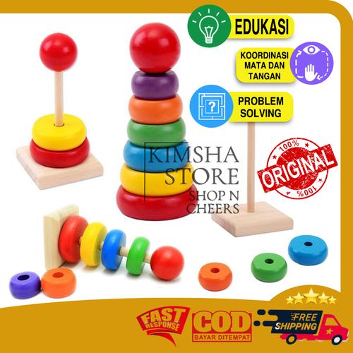 Jual Rainbow Tower Menara Balok Kayu Susun Warna Warni Mainan Edukasi ...