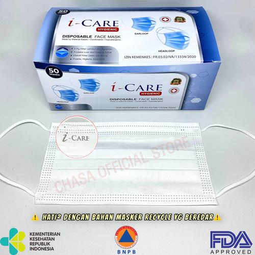 Jual Earloop Putih Icare 3 ply White Disposable Face Mask isi 50pc ...