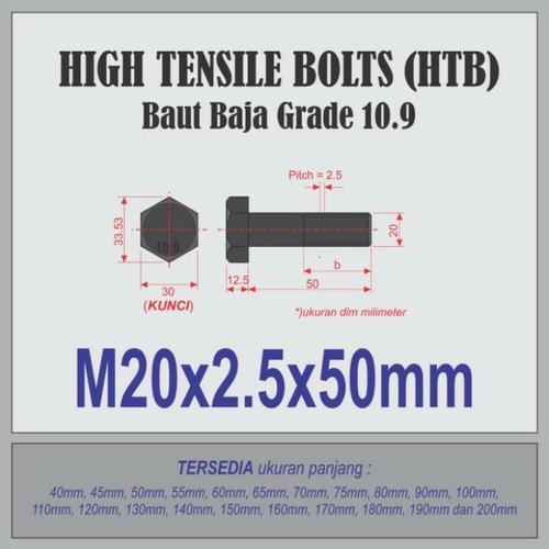 Jual baut mur baja 10.9 - m20 x 50mm - high tensile bolt (HTB) - baut ...