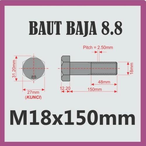 Jual baut mur baja 8.8 hitam m18 x 150mm / hex bolt nut m18x15cm murah ...