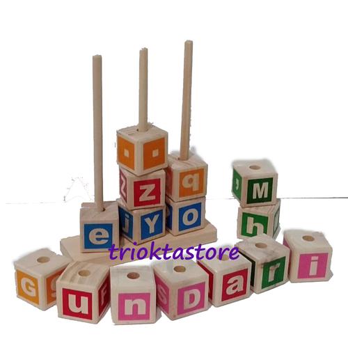 Jual Mainan Edukasi Menara Balok Susun Kayu Pinus Angka, Huruf dan ...