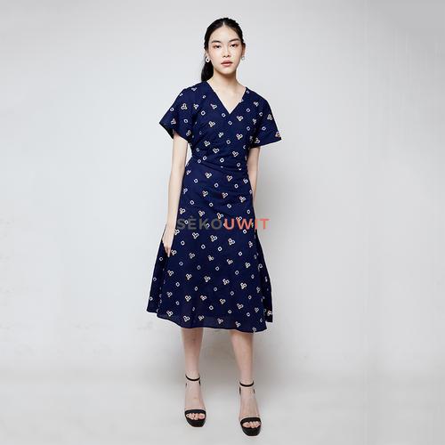 Jual Fressia Jumputan Midi Wrap Dress / Dress Batik Midi Biru Navy ...