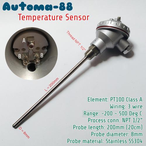 Jual Temperature Sensor Thermocouple PT100 3 wire NPT 1/2 200mm 20cm 20 ...