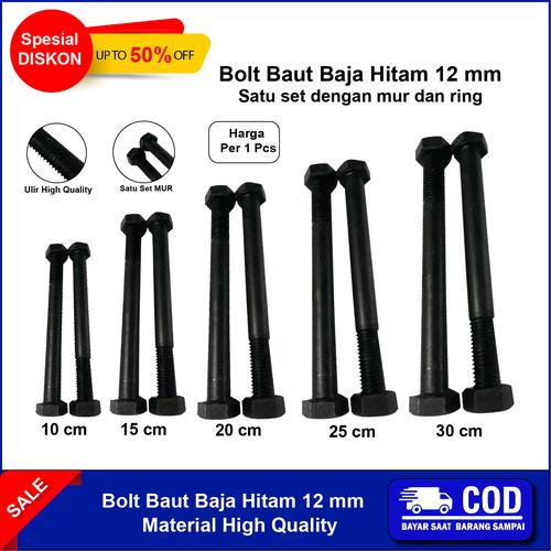 Jual Baut Mur Hitam Baja ukuran 12 mm Kunci 19 Ukuran 10 15 20 25 30 cm ...