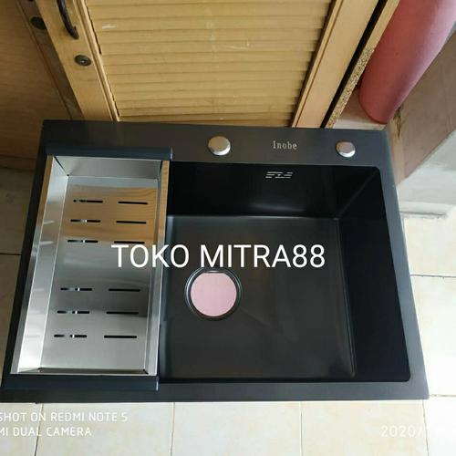 Jual kitchen sink inobe 6045 black komplit set kran tarik panas dingin ...