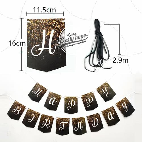 Jual banner HBD hitam tulisan putih / banner hitam confetty / bunting ...