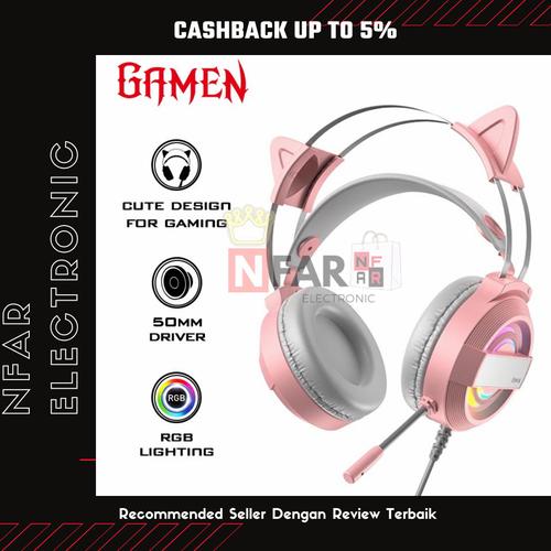 Jual Headphone Gaming Cat Ear Gamen GH1100 Pink Headset Kucing For PC ...