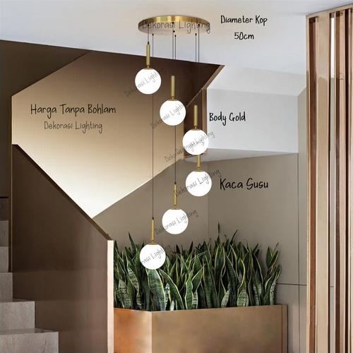 Jual Lampu gantung void tangga 6in1 gold kaca modern minimalis 6 lampu - Gold Kop 50cm, kaca ...