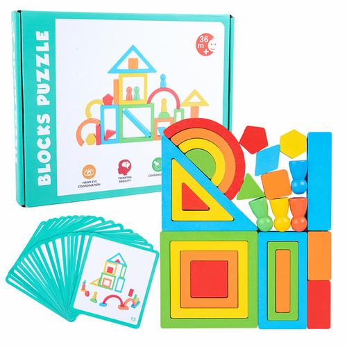 Jual Mainan Edukasi Anak Wooden Geometric Shape Rainbow Building Blocks ...
