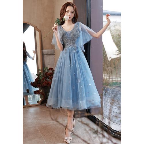Jual Gaun Pesta 2210008 Biru Lengan Pendek V Neck Party Dress - Rok ...