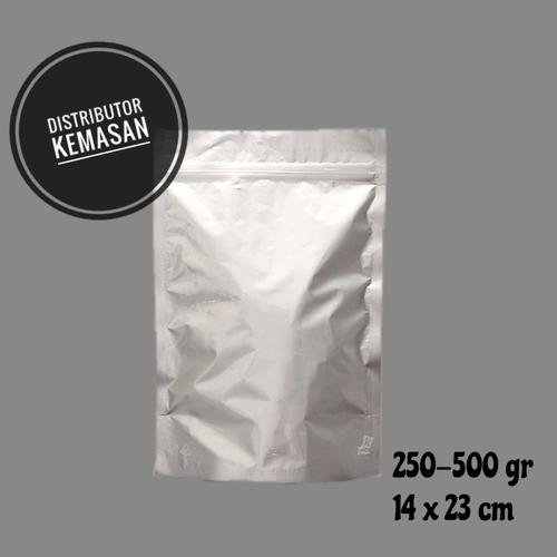 Jual PLASTIK STAND STANDING POUCH FULL FOIL SILVER KLIP ZIPPER 500 GRAM ...