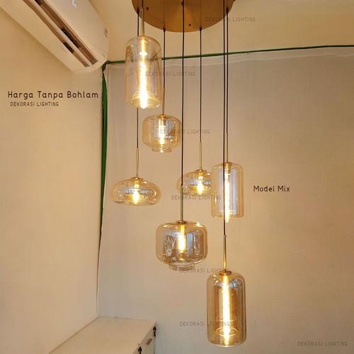 Jual Lampu gantung void tangga 7in1 gold kaca teh kop base besar modern ...