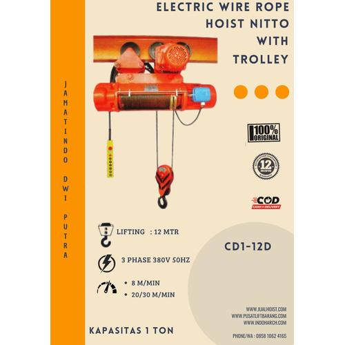 Jual ELECTRIC WIRE ROPE HOIST NITTO & TROLLEY CAP. 1 Ton x 12 Meter ...
