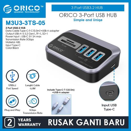 Jual ORICO M3U3-3TS-05 3Port USB Hub 3.2 Type C to C USB A Card Reader 0,5M - Jakarta Pusat ...
