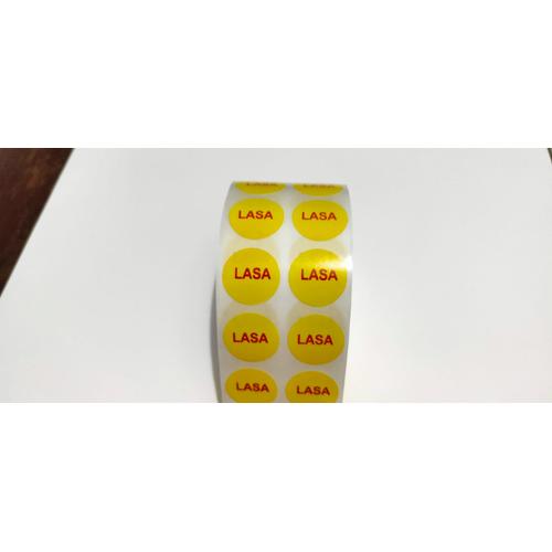 Jual STIKER LASA KUNING BULAT TULISAN MERAH 20X20mm @3000 pcs in ROLL ...