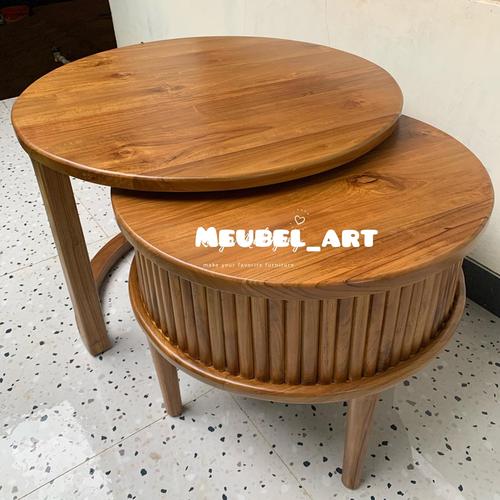 Jual meja tamu bulet minimalis kayu jati, coffe table bulat kayu jati ...