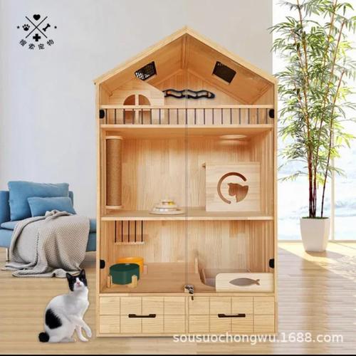 Jual rumah kucing Kandang kucing kayu mewah pintu kaca sliding ...