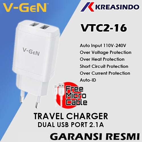 Jual VGEN V-GeN VTC2-16 Travel Adapter Charge 2.1A 2 Port USB Resmi ...