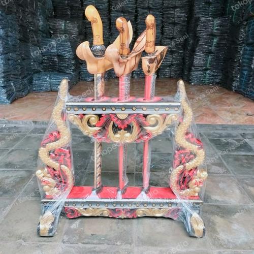 Jual Jagrak Stand Dudukan Tempat Keris Isi 3 Ukiran Naga Kembar ...