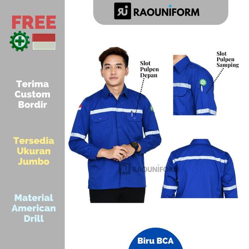 Jual custom wearpack biru BCA/atasan baju safety murah/seragam kerja ...