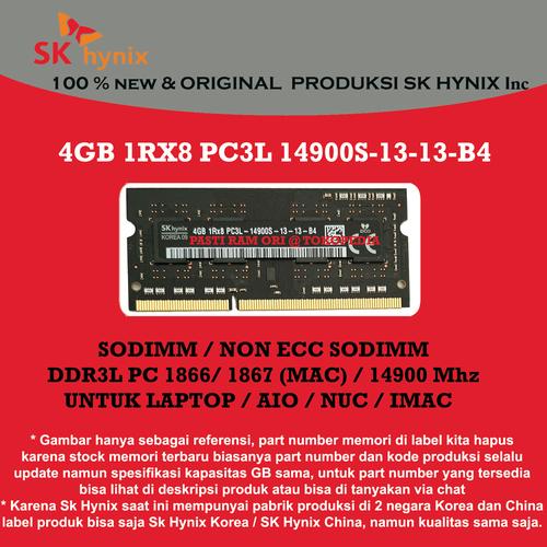 Jual RAM SODIMM 4GB DDR3L PC 1866 / 14900 Mhz SK HYNIX 1RX8 PC3L FOR LAPTOP - Jakarta Barat ...