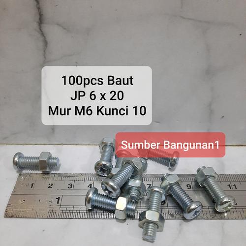Jual Baut JP 6 x 20 (100pcs) kepala bulat Mur M6 6mm putih 2cm M6x20 ...