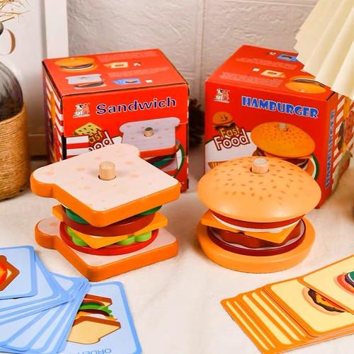 Jual Wooden burger stack toys, mainan susun burger dan sandwich, wooden ...