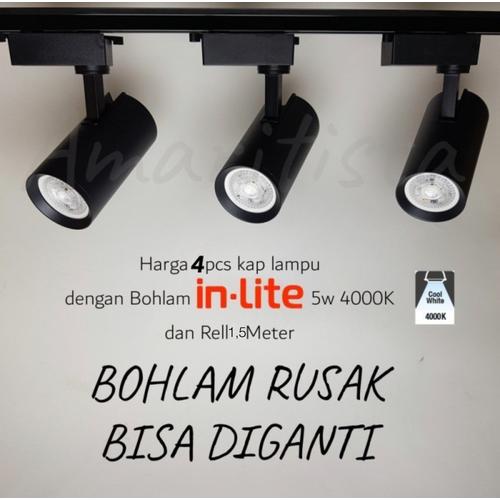 Jual Lampu Track SET spotlight 4pcs INLITE 5w 4000K Rell 1.5Meter Black ...