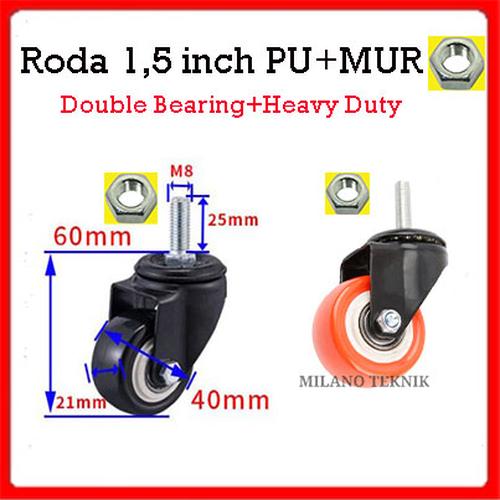 Jual Roda 1.5 inch PU+Mur Screw Drat Double Bearing Heavy duty caster ...