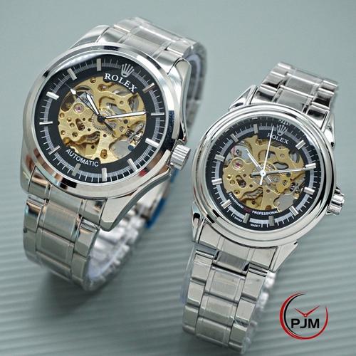 Jual Jam tangan couple rantai balok automatic transparan otomatis ...