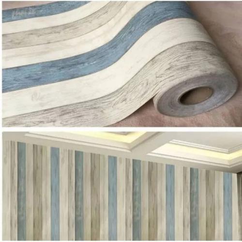 Jual Wallpaper Dinding Sticker Motif kayu ventage salur biru cream ...