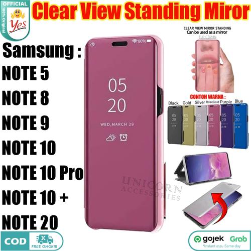 Jual Case Clear View NOTE 5 3 8 9 10 Pro Samsung Sarung Flip Miror Standing - Gold / Biru, NOTE ...